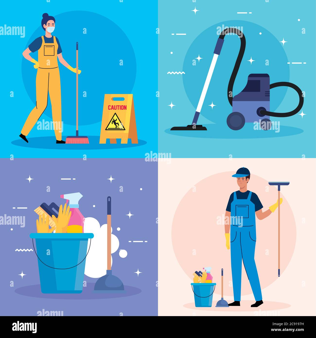set scenes of cleaning service, workers of cleaning service with ...