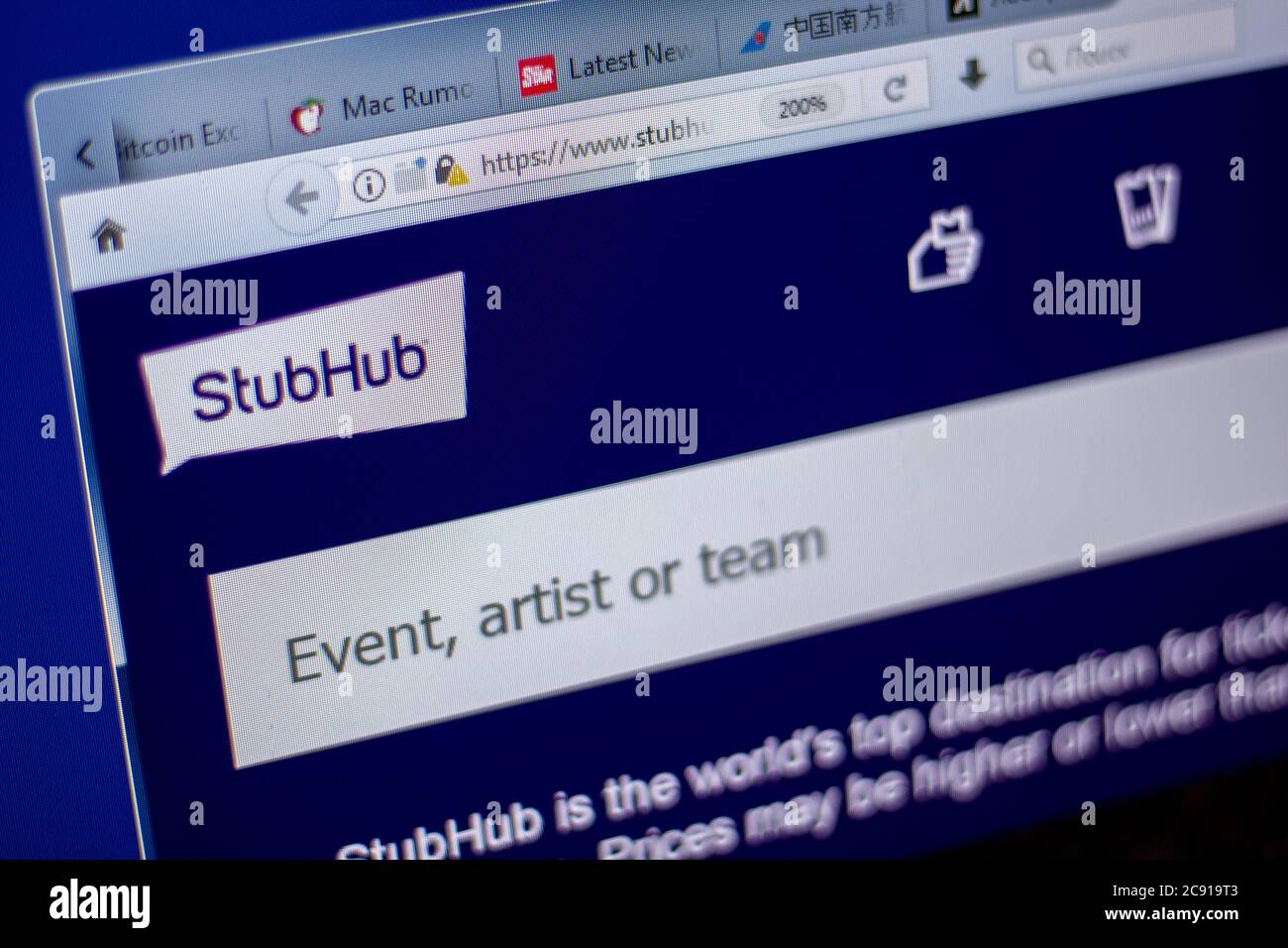 Ryazan, Russia - June 05, 2018: Homepage of StubHub website on the ...