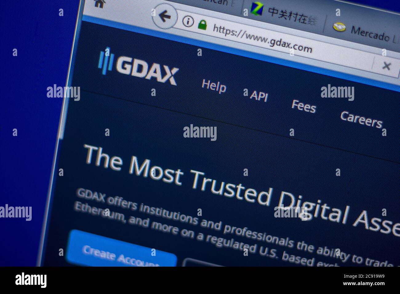 Ryazan, Russia - June 05, 2018: Homepage of Gdax website on the display ...