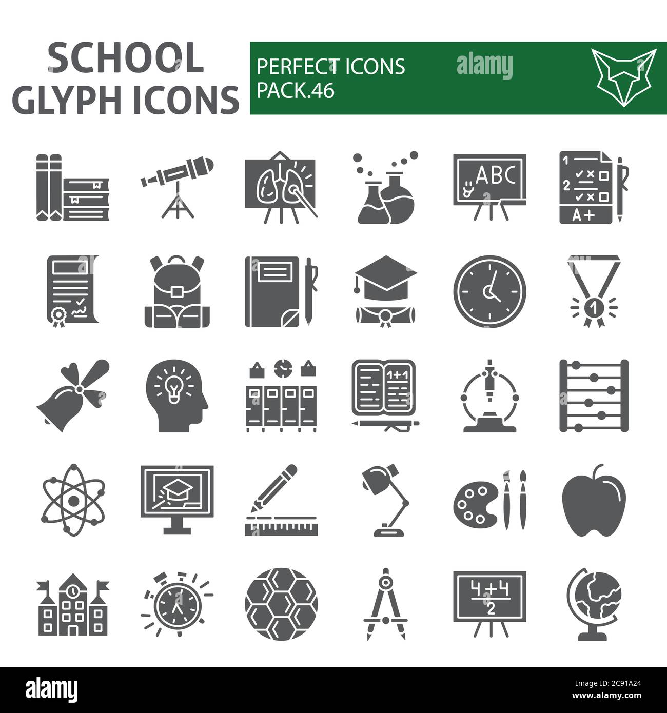 School glyph icon set, education symbols collection, vector sketches ...