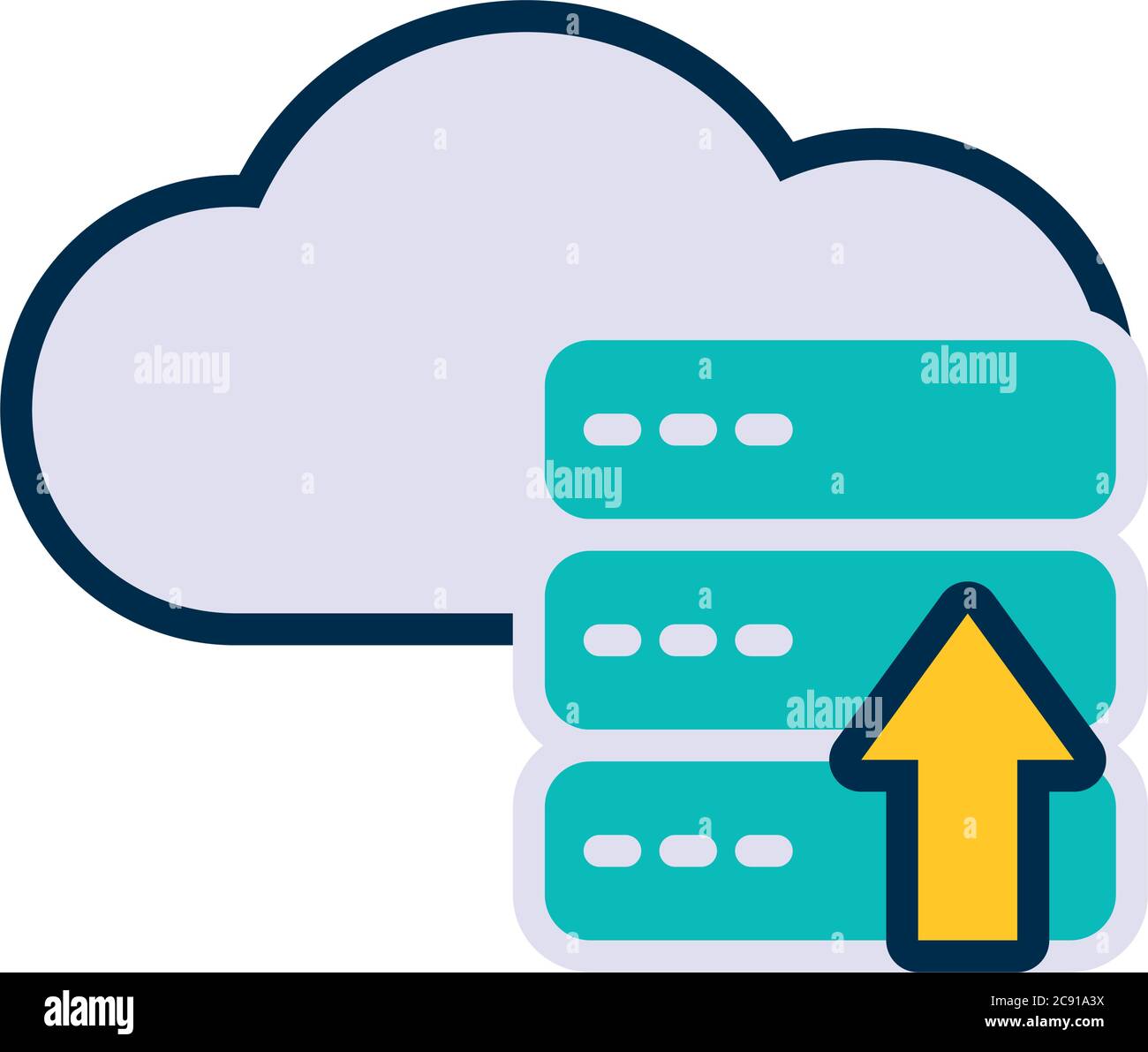 cloud and data servers with upload arrow icon over white background, line and fill style, vector ...