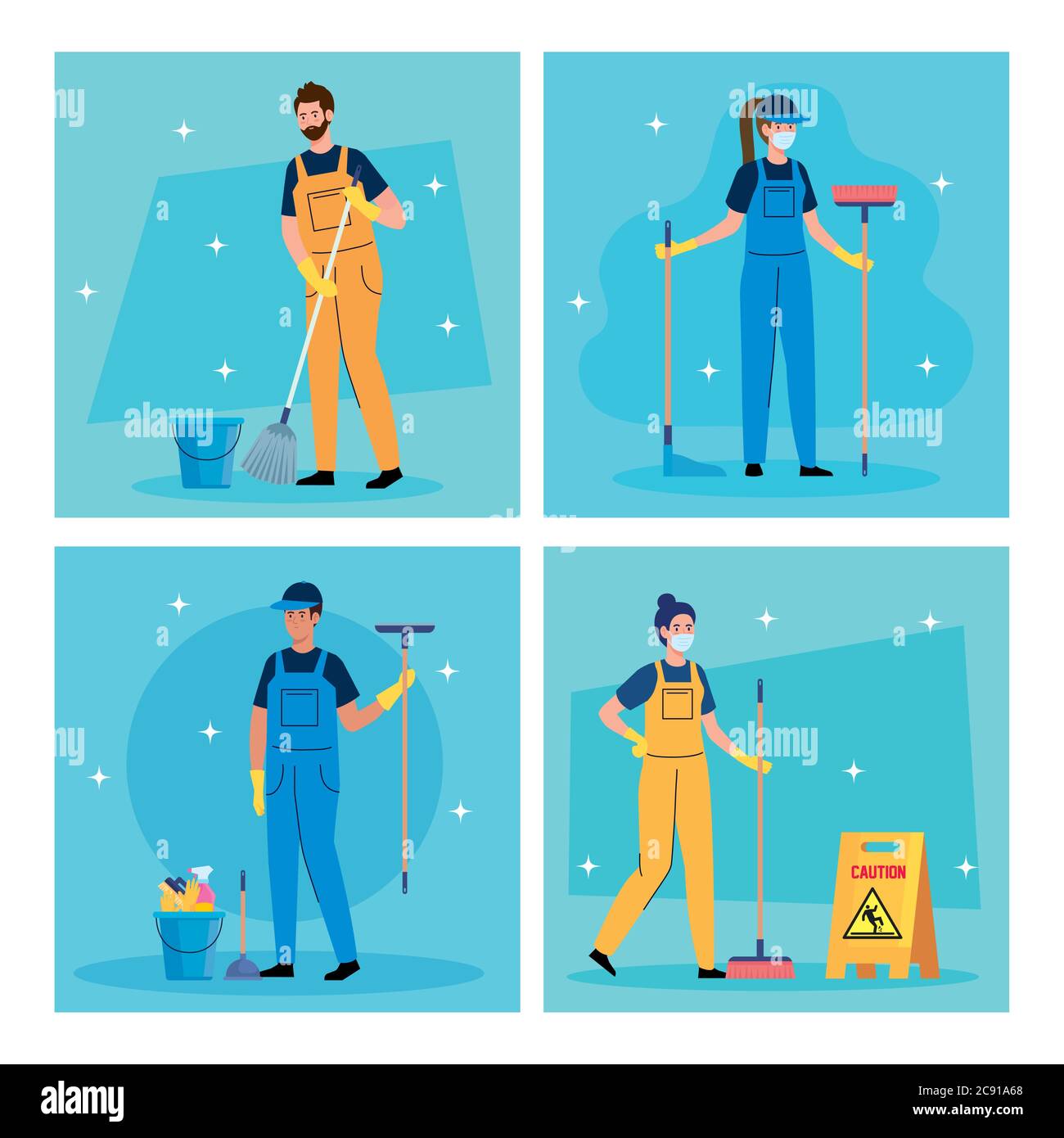 set scenes of cleaning service, workers of cleaning service with ...