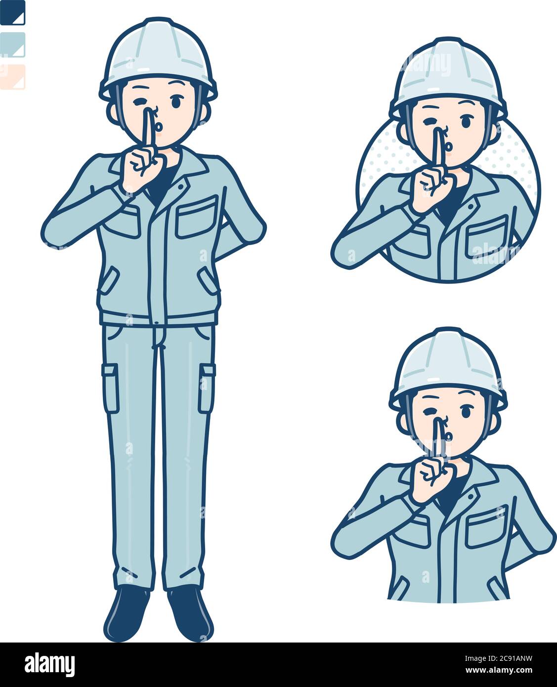 A Man wearing workwear with be quiet hand sign images. It's vector art ...