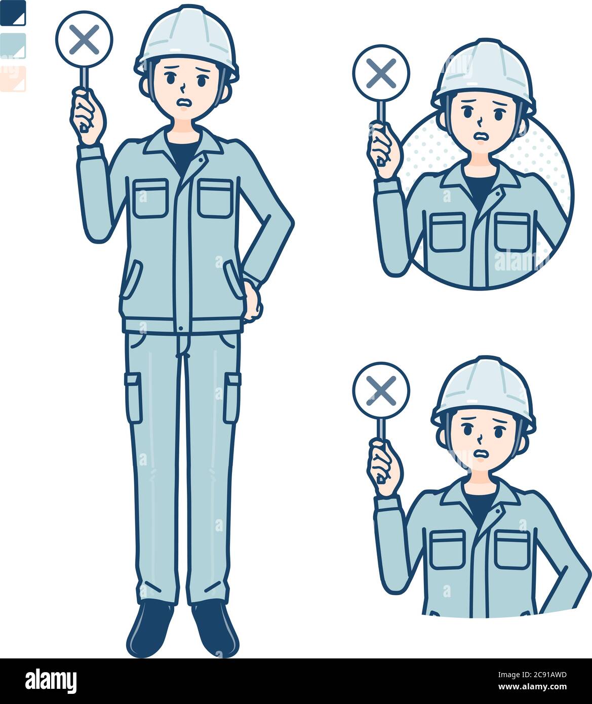 A Man wearing workwear with Put out a cross panel image. It's vector ...