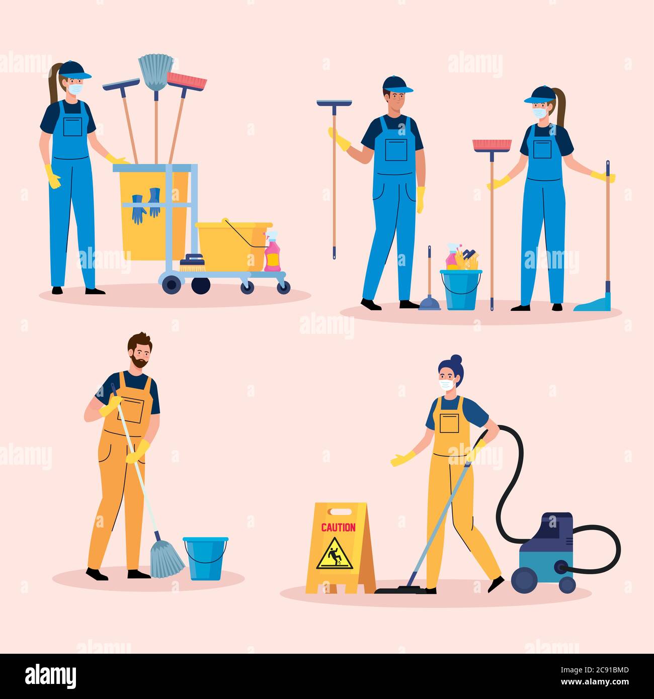 set scenes of cleaning service, workers of cleaning service with ...