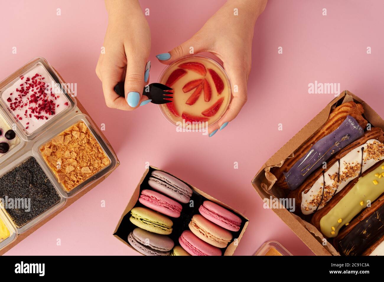 Female hands holding dessert in hands among fresh confectionary Stock ...
