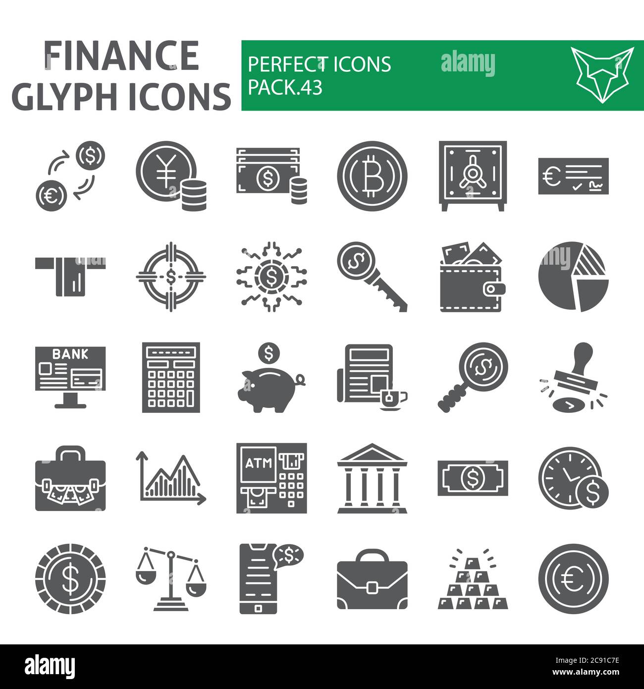 Finance glyph icon set, money symbols collection, vector sketches, logo ...