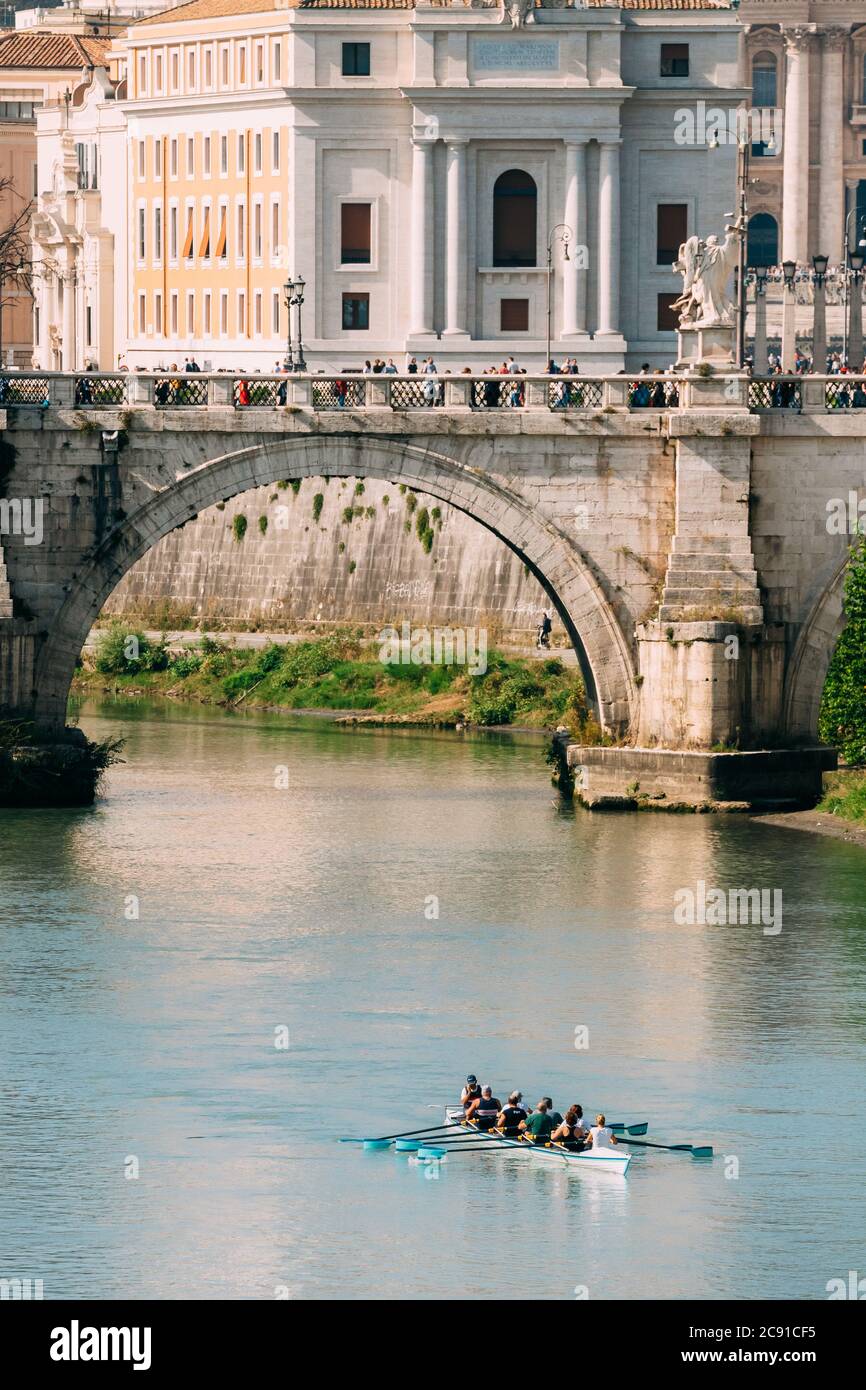 Rome, Italy. Group Of People Training On Kayak. Sightseeing Boat ...