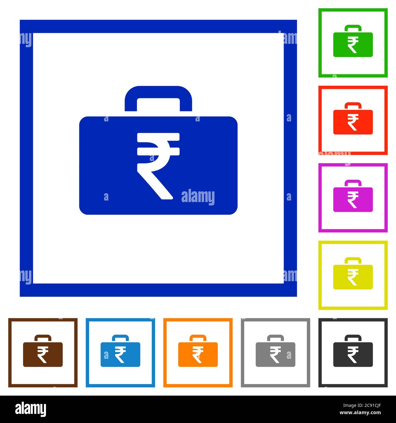 Indian Rupee bag flat color icons in square frames on white background ...