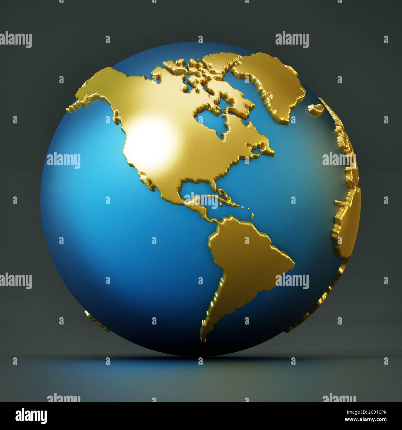 Blue and gold colored globe isolated on black. 3D illustration Stock ...