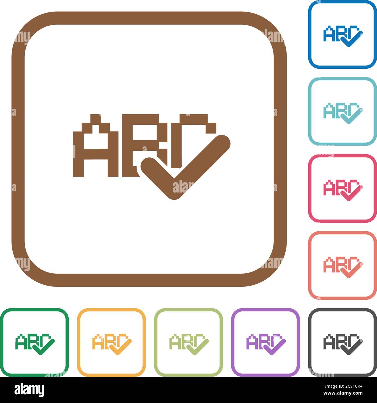 Spell check simple icons in color rounded square frames on white ...