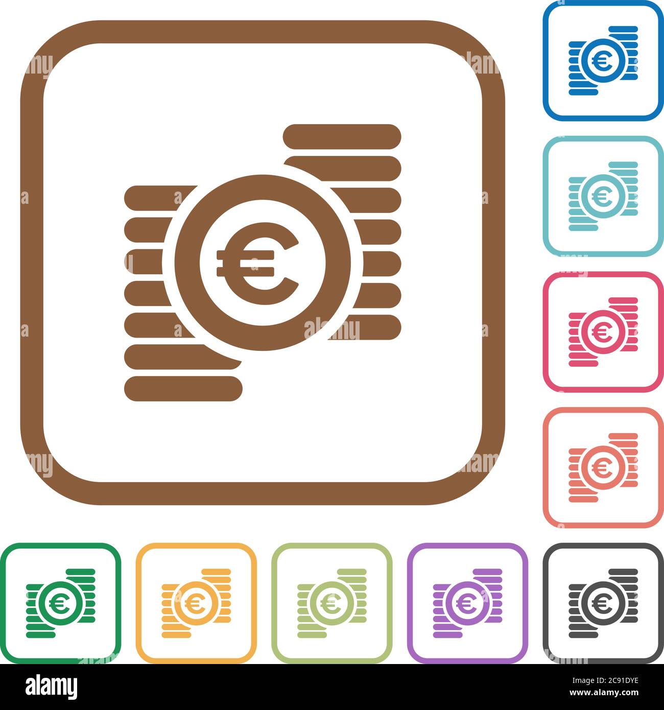 Euro coins simple icons in color rounded square frames on white ...