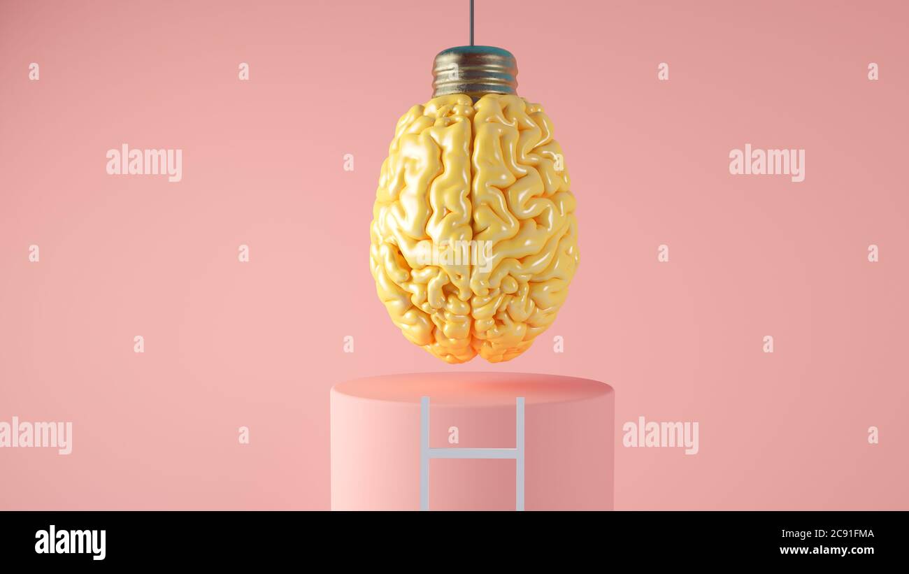 Brain lamp hanging with ladder concept 3d rendering Stock Photo - Alamy