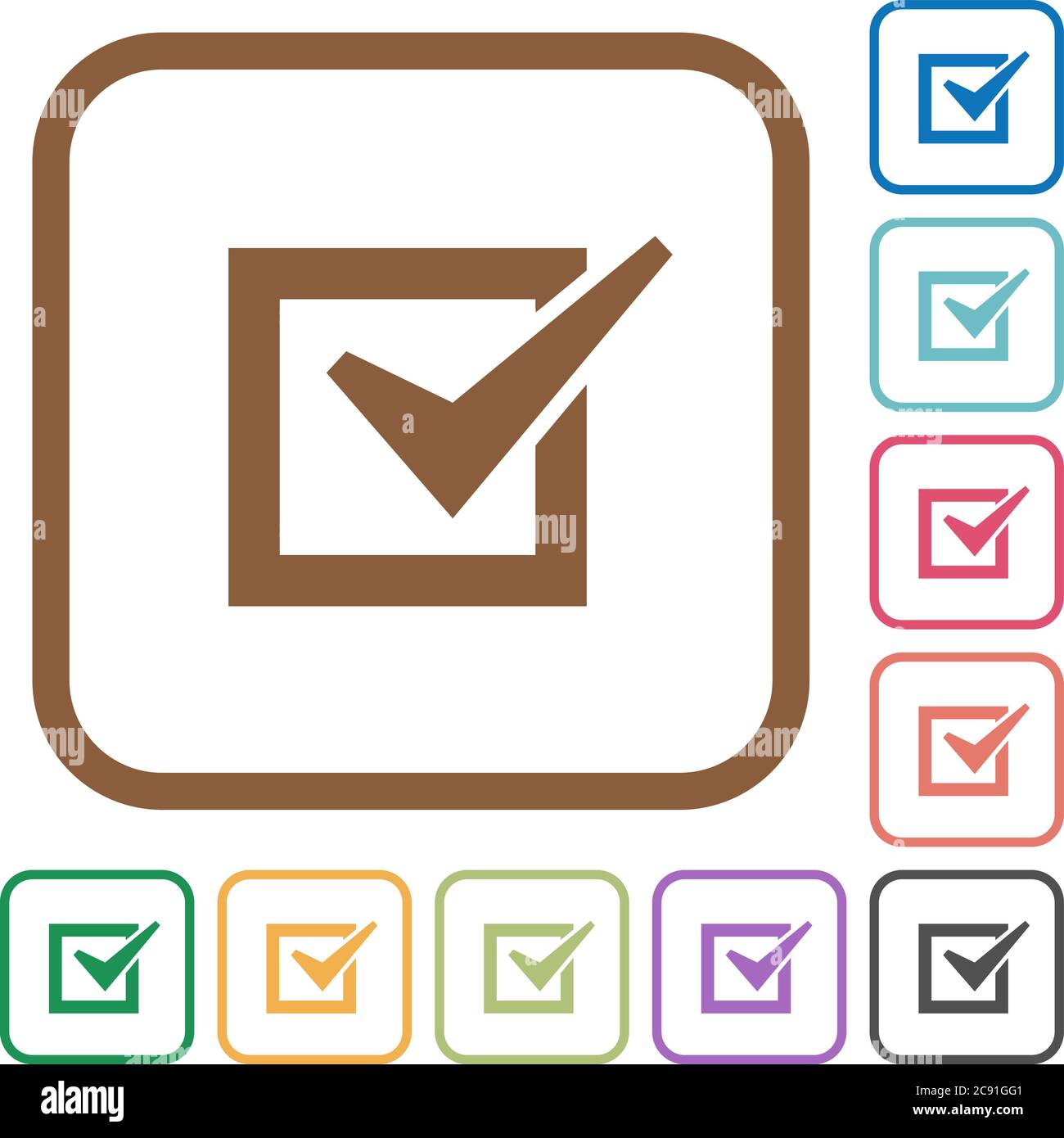 Checked box simple icons in color rounded square frames on white ...