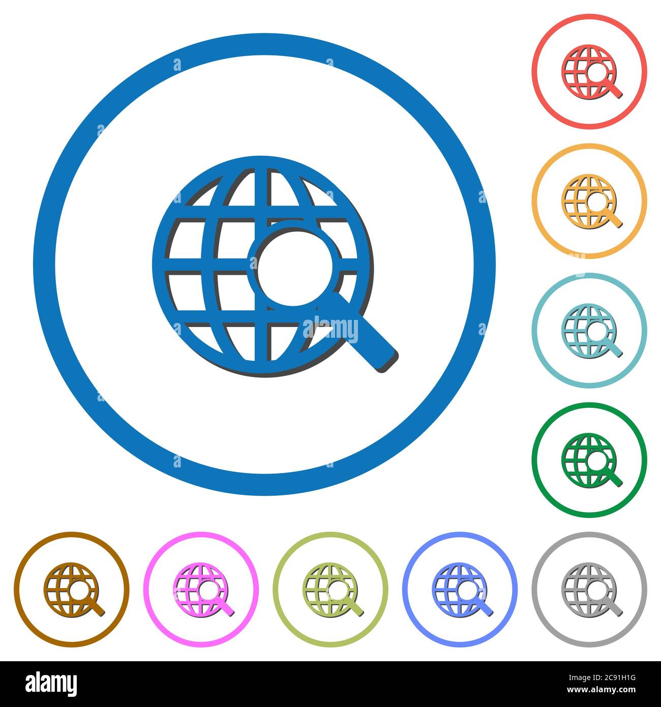 Web search flat color vector icons with shadows in round outlines on ...