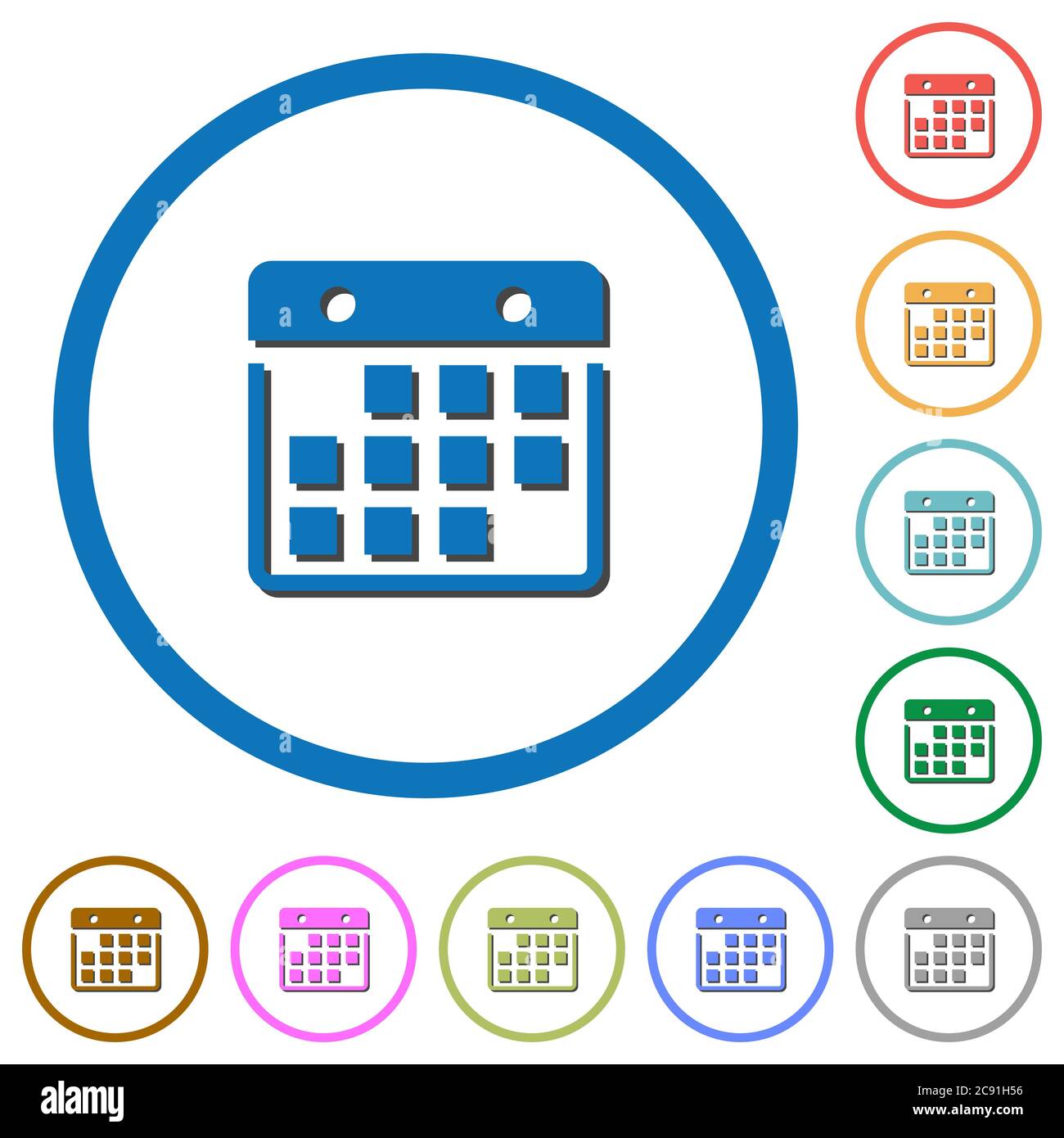 Hanging calendar flat color vector icons with shadows in round outlines ...