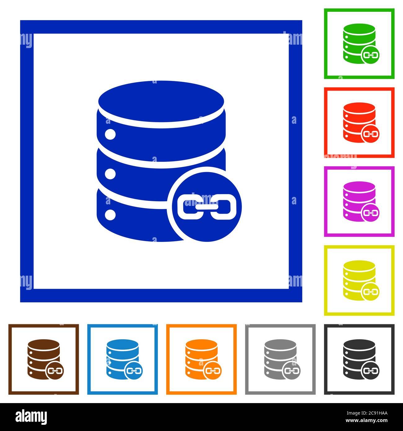 Joined database tables flat color icons in square frames on white ...