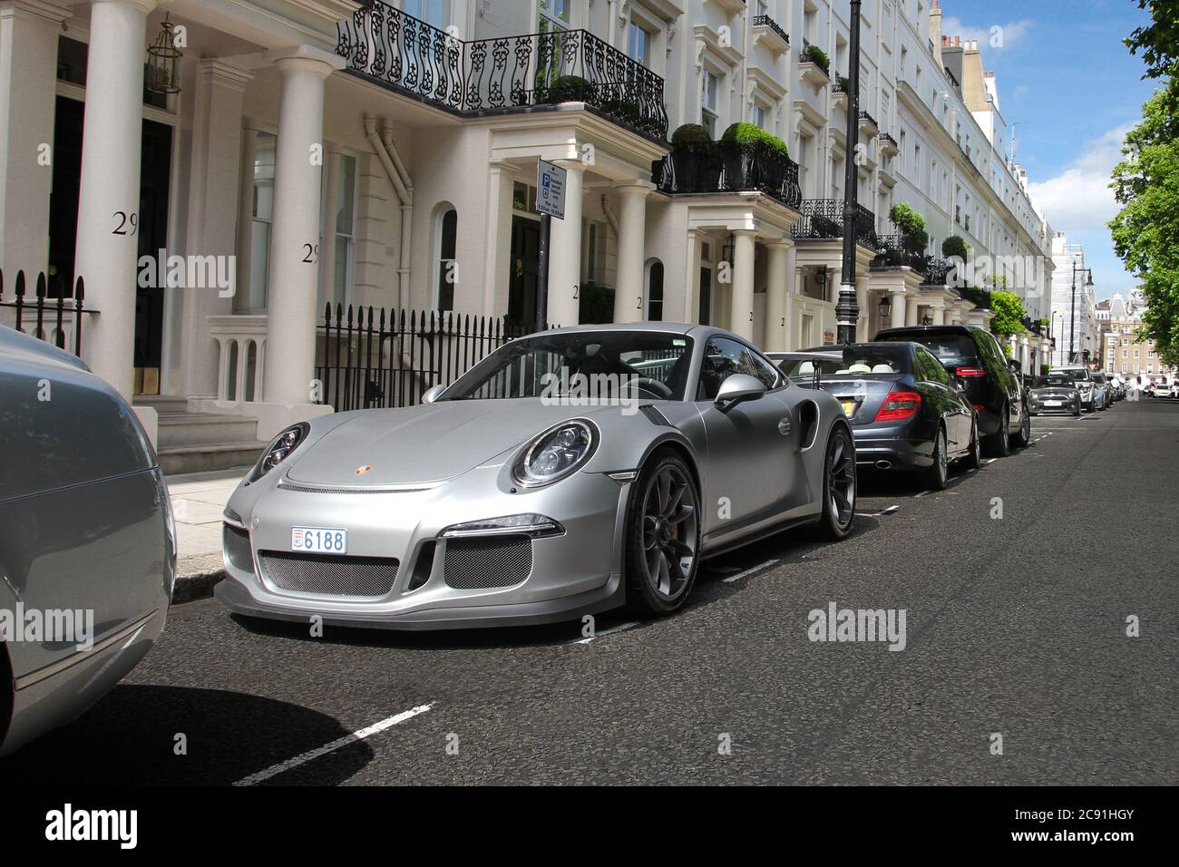 Silver Porsche 911 GT3 RS modern supercar parked in Belgravia ...