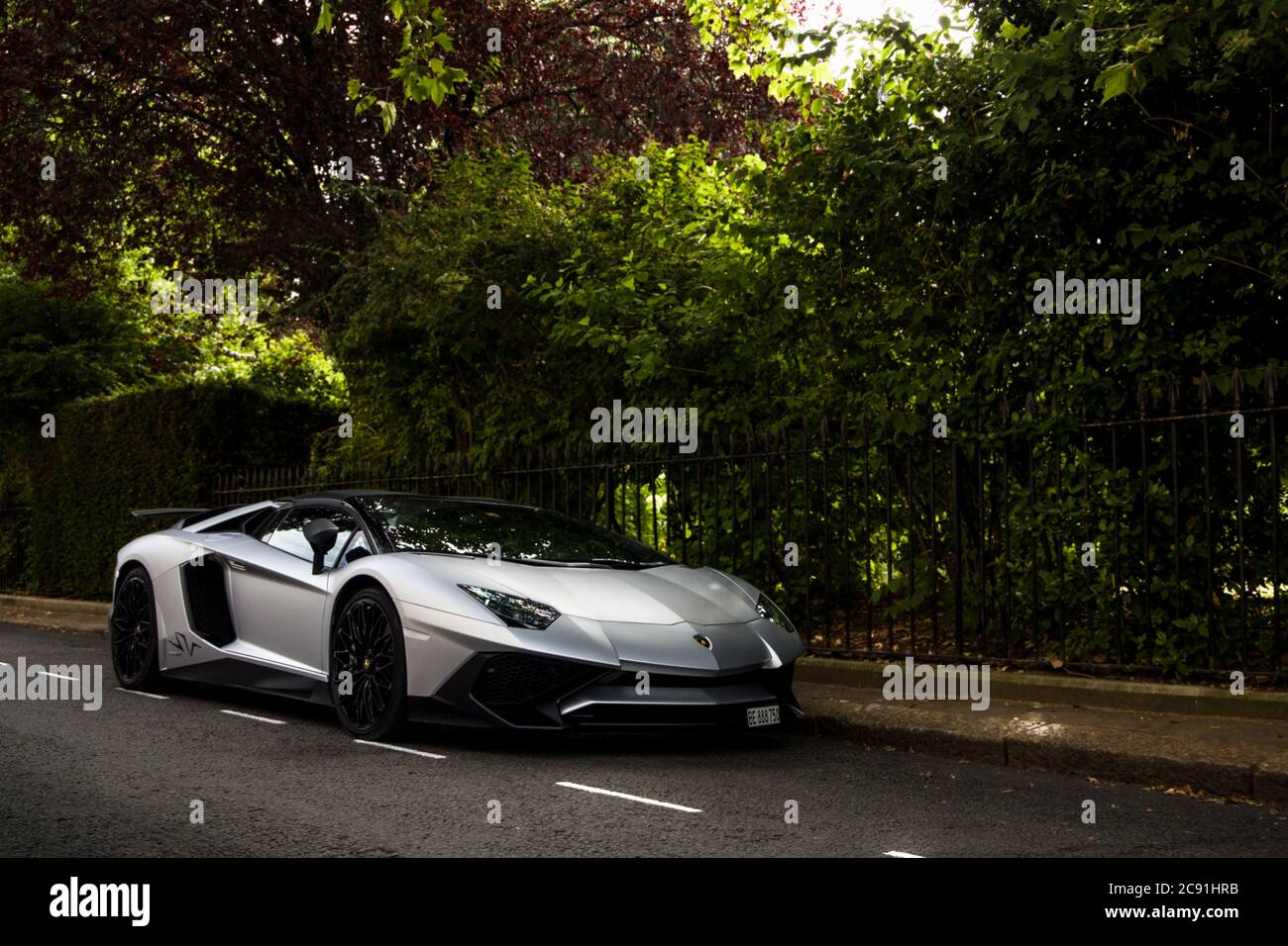 Silver Lamborghini Aventador SV Roadster modern supercar parked on a ...