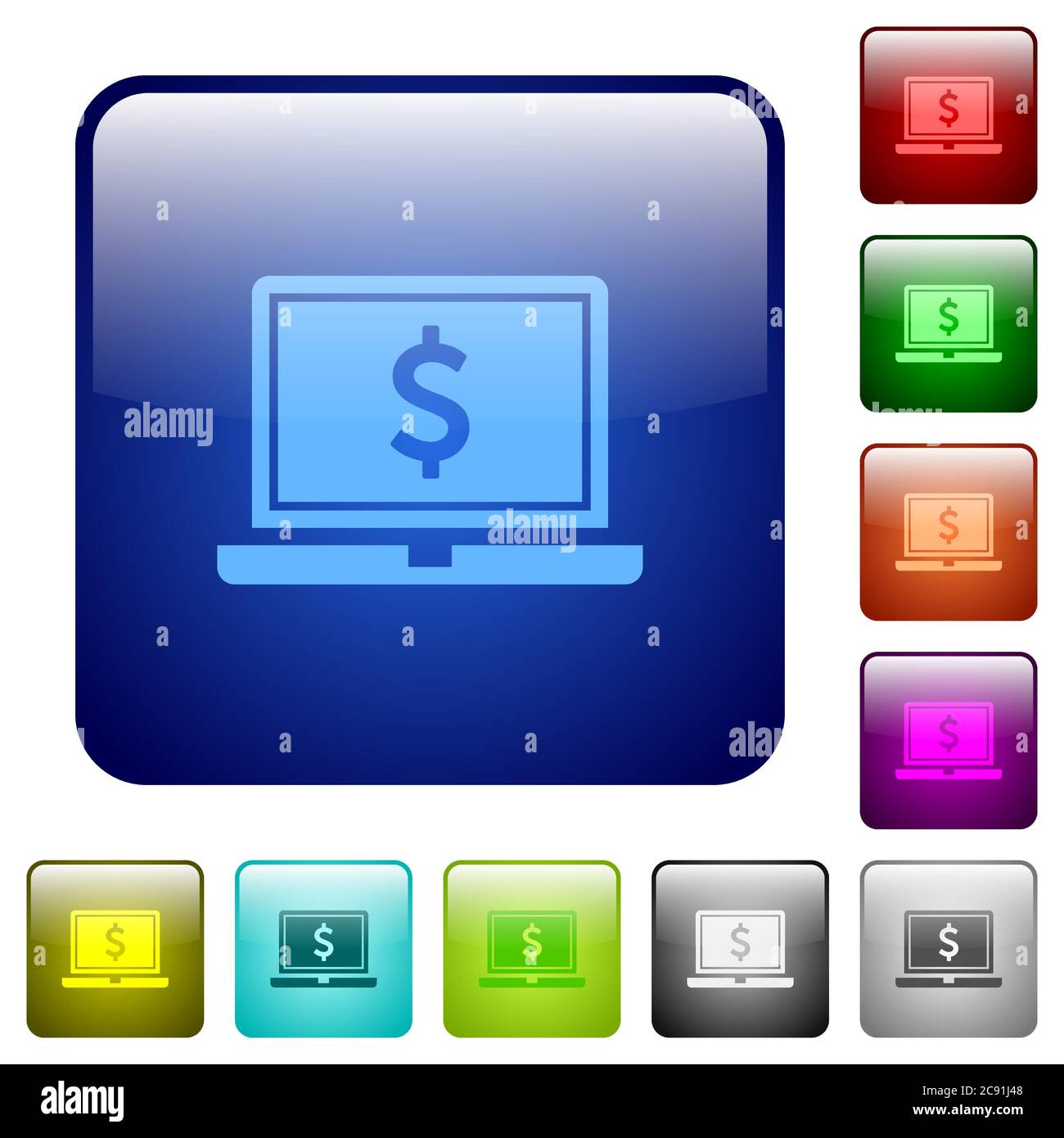 Laptop with Dollar sign icons in rounded square color glossy button set ...