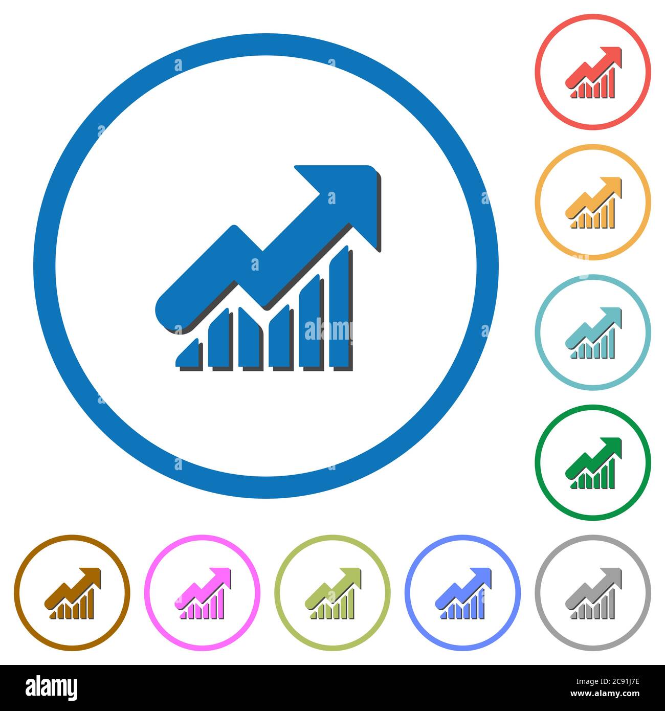 Rising graph flat color vector icons with shadows in round outlines on ...