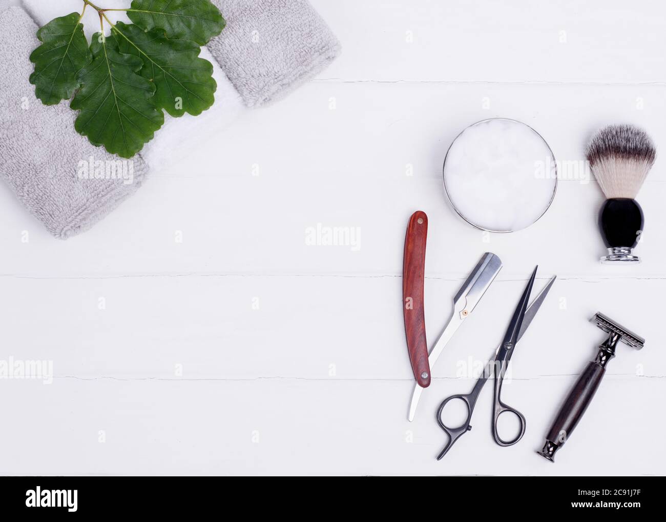 Razors, brush, scissors and shaving foam on a white background Stock ...