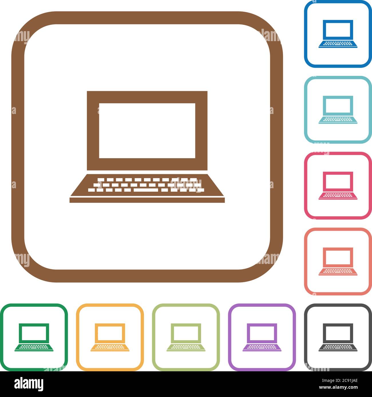 Laptop with blank screen simple icons in color rounded square frames on ...