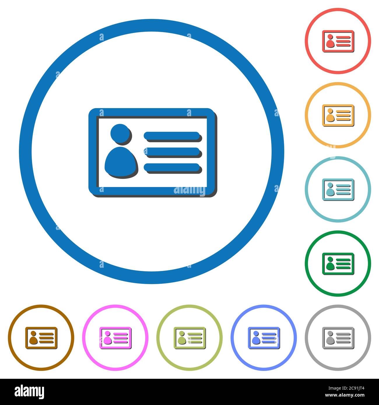 ID card flat color vector icons with shadows in round outlines on white ...