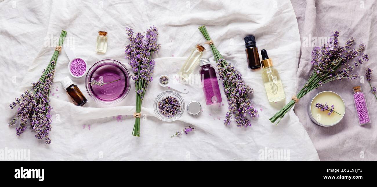 Lavender oils serum lavender flowers on white. Skincare cosmetics ...