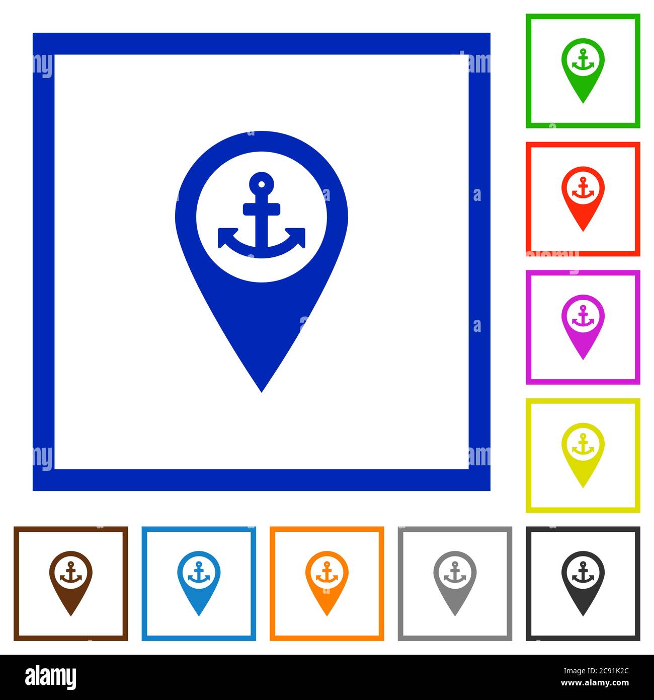 Sea port GPS map location flat color icons in square frames on white ...