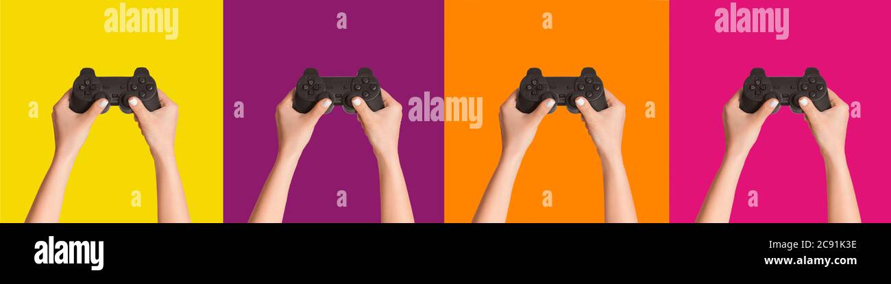 Female hands showing video game joysticks on color background, collage ...