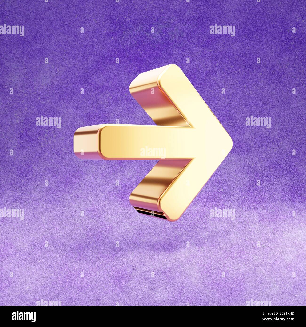 Arrow right icon. Gold glossy Arrow right symbol isolated on violet ...