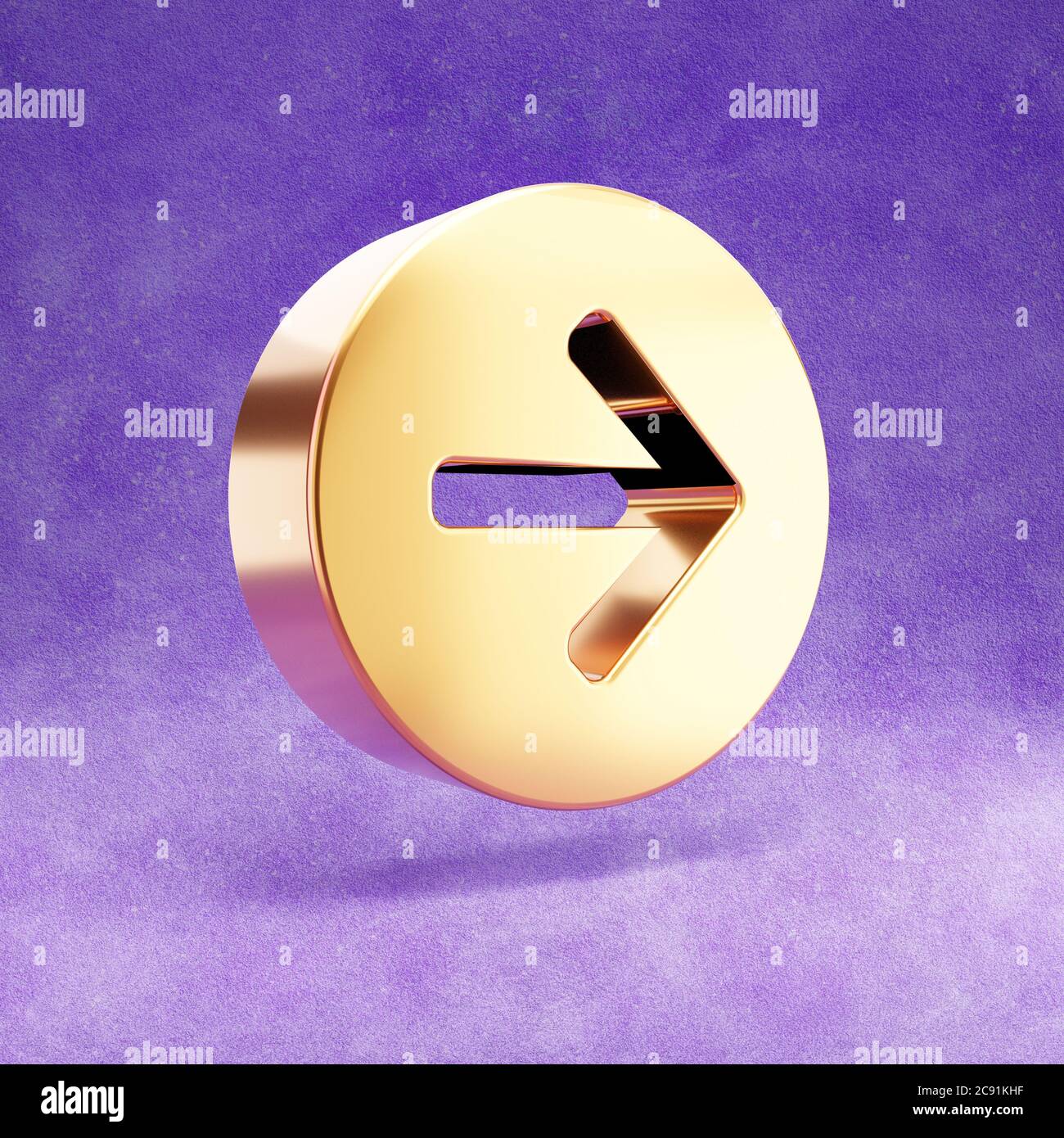Arrow right icon. Gold glossy Arrow right symbol isolated on violet ...