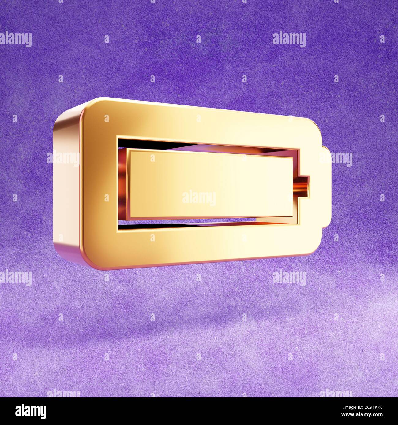 Full battery icon. Gold glossy battery symbol isolated on violet velvet ...