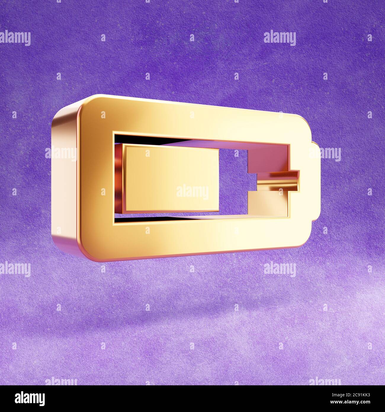 Half battery icon. Gold glossy battery symbol isolated on violet velvet ...