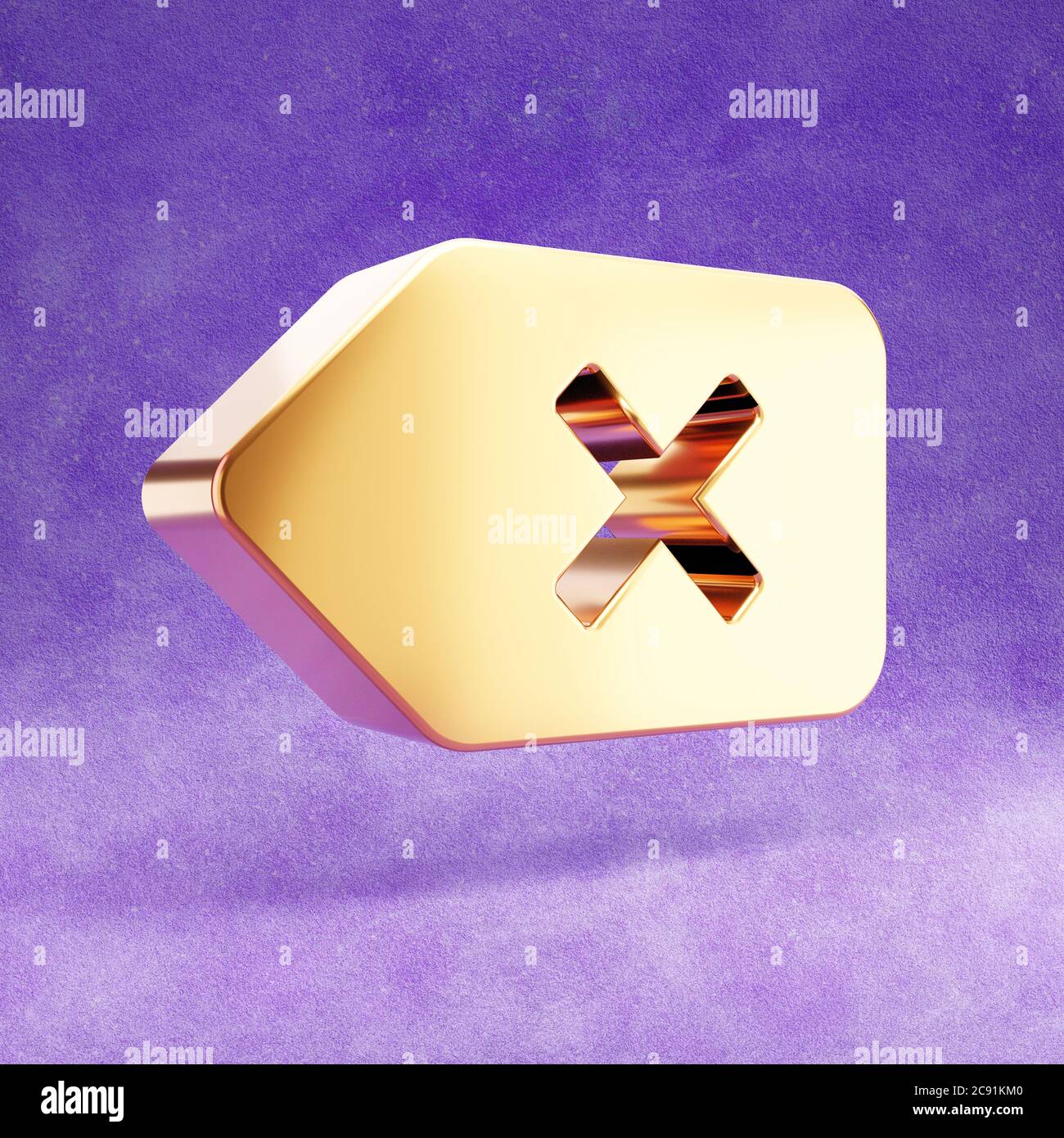 Backspace icon. Gold glossy Backspace symbol isolated on violet velvet ...