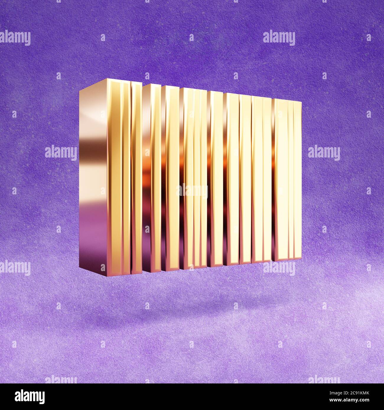 Barcode icon. Gold glossy Barcode symbol isolated on violet velvet ...