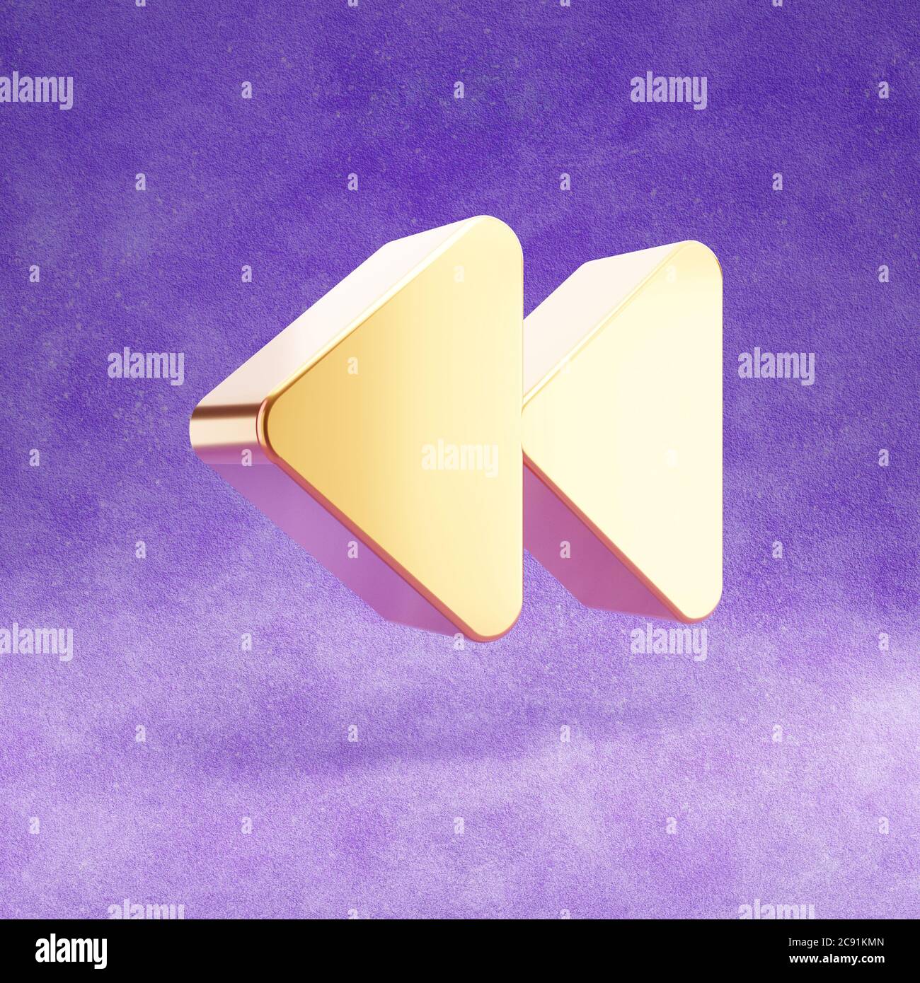 Backward icon. Gold glossy Backward symbol isolated on violet velvet ...