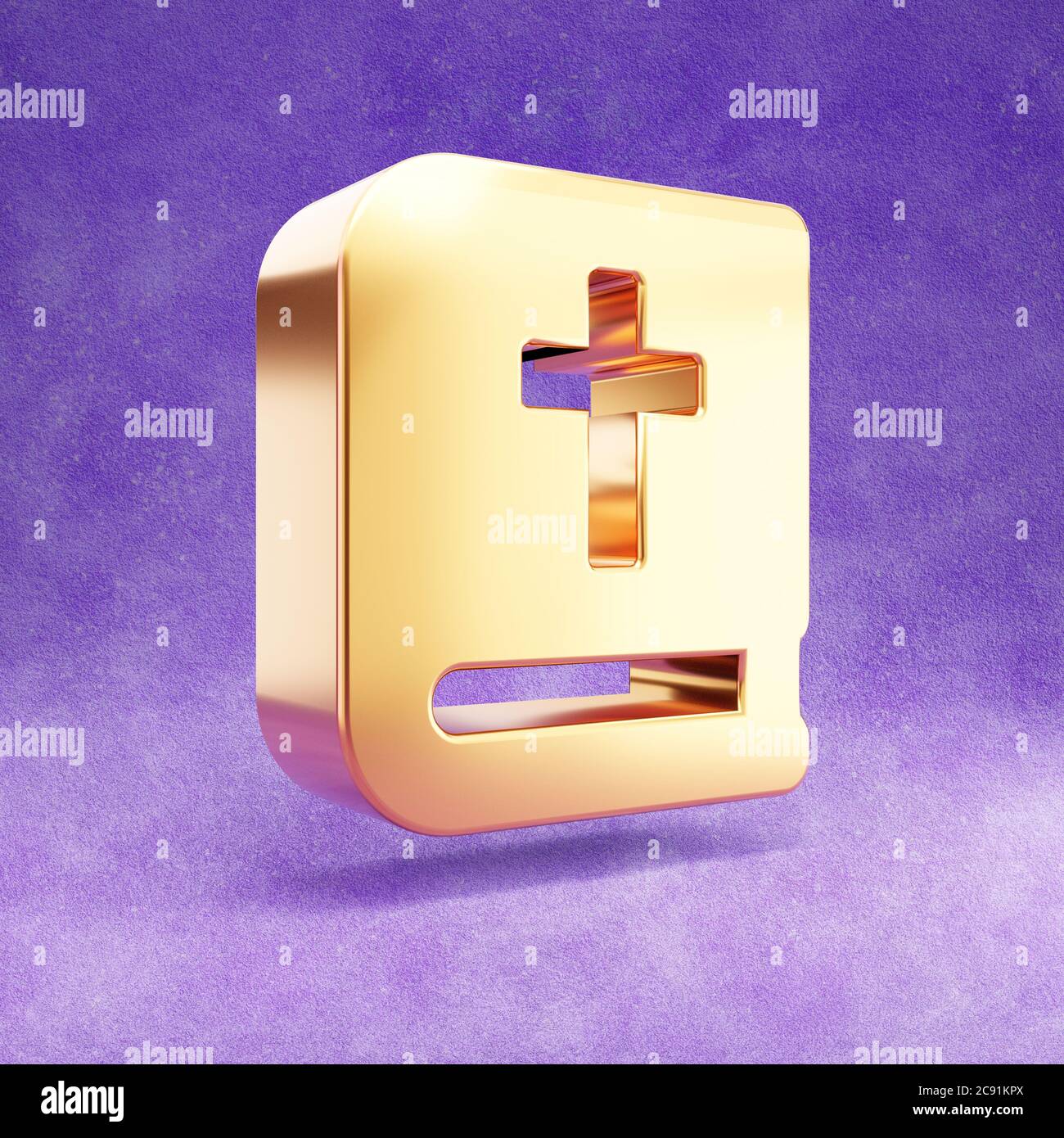 Bible icon. Gold glossy Bible symbol isolated on violet velvet ...