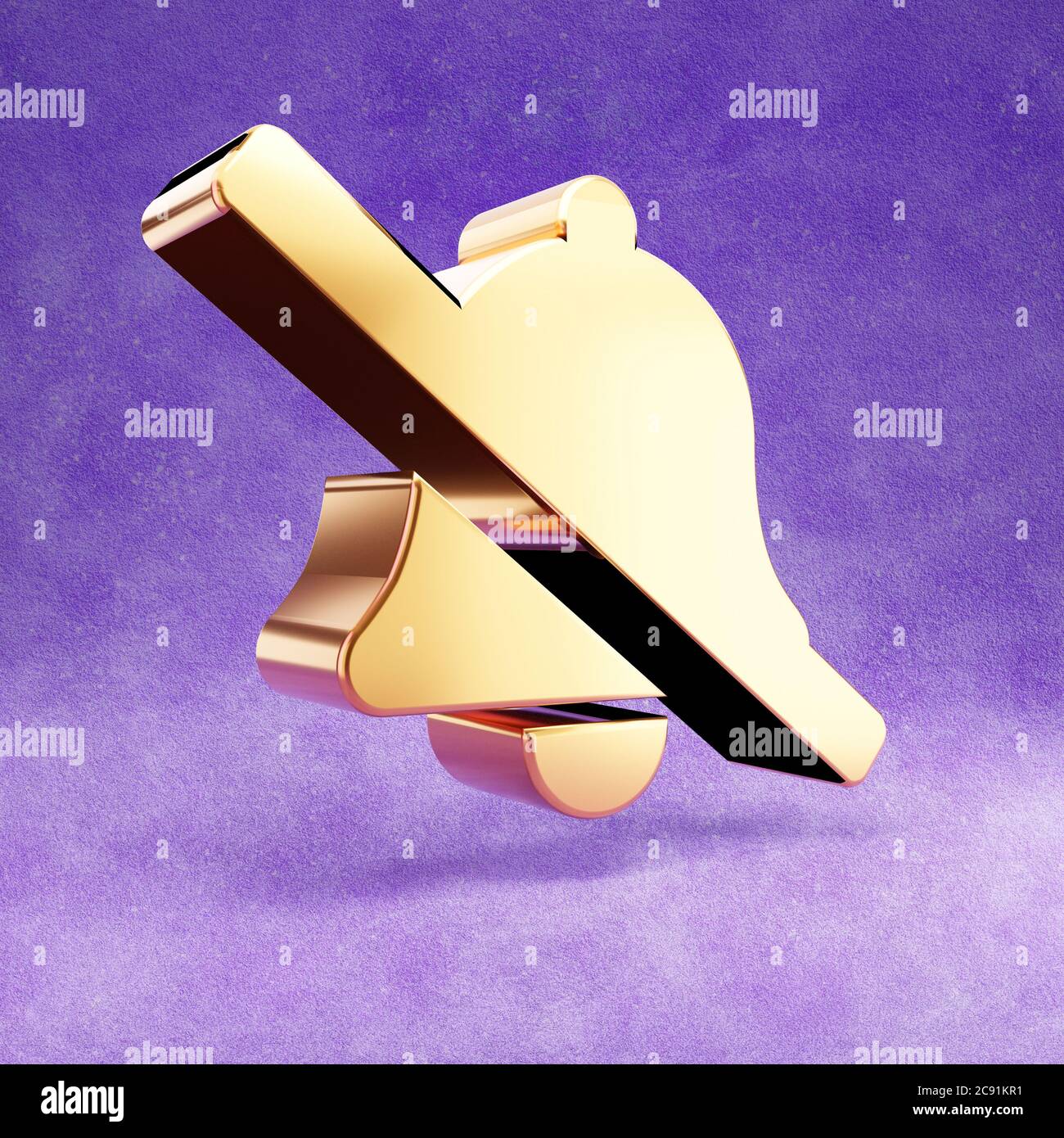 Crossed bell icon. Gold glossy bell symbol isolated on violet velvet background. Modern icon for ...