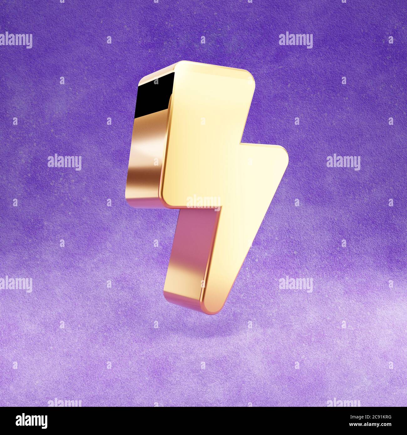 Lightning icon. Gold glossy Lightning symbol isolated on violet velvet ...