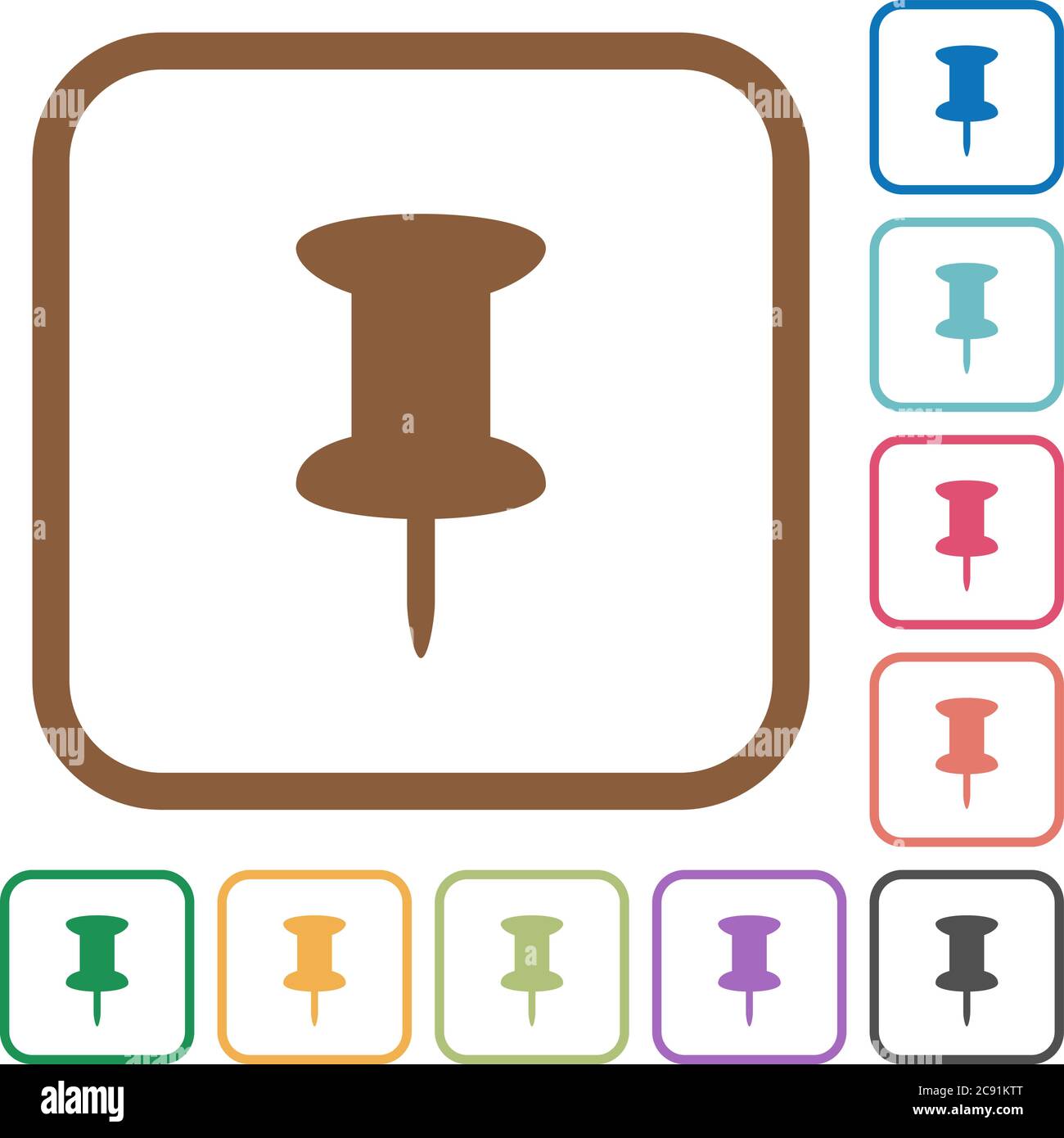 Push pin simple icons in color rounded square frames on white ...