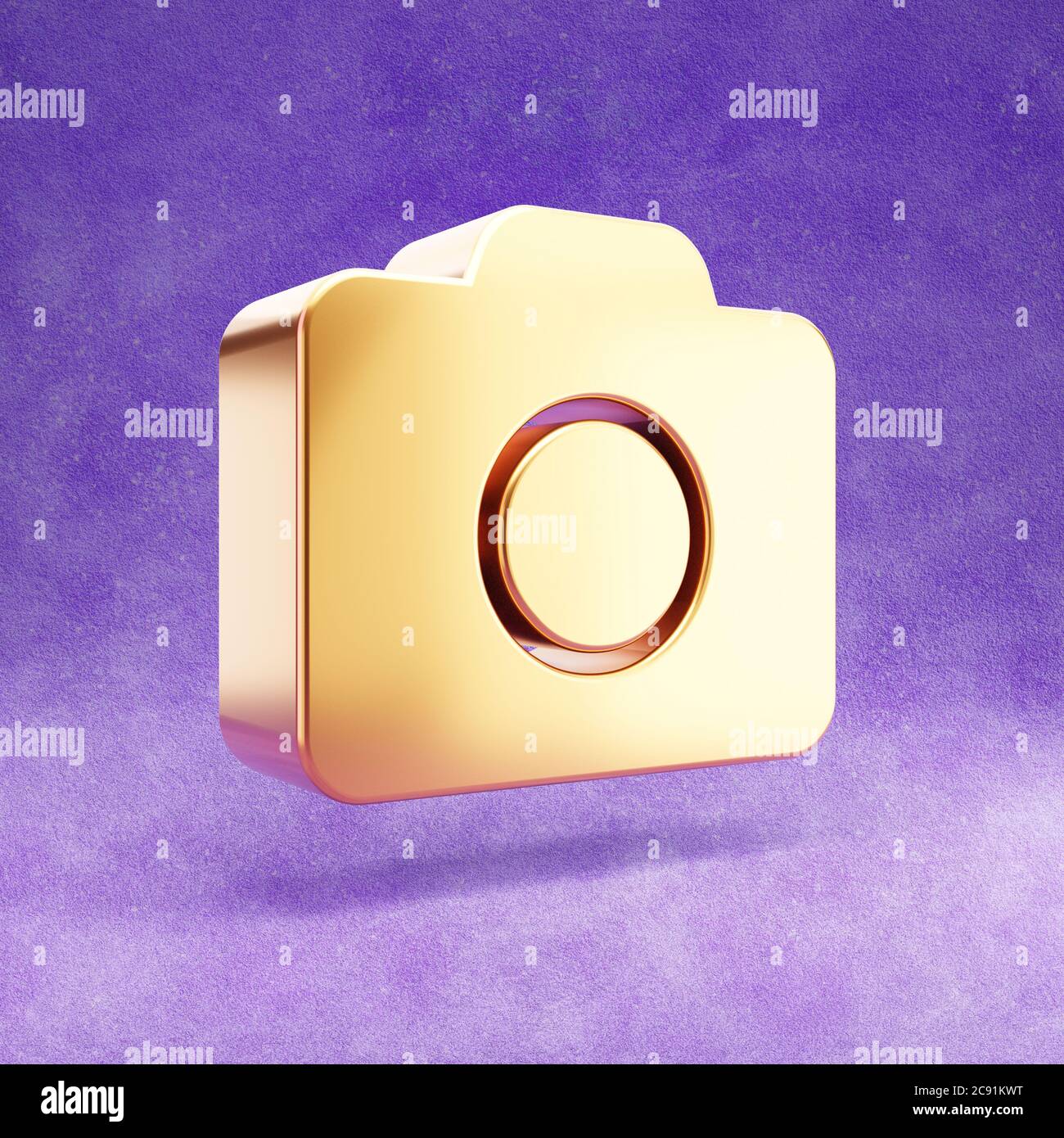 Photo camera icon. Gold glossy camera symbol isolated on violet velvet ...