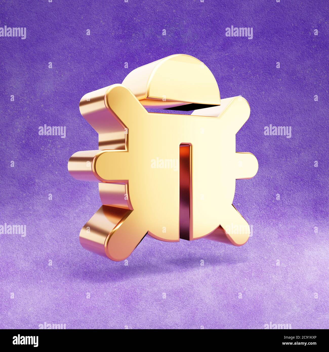 Bug icon. Gold glossy Bug symbol isolated on violet velvet background ...