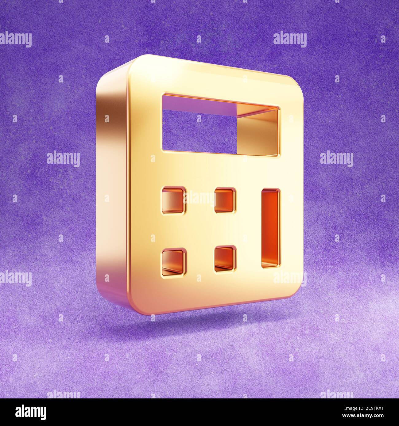 Calculator icon. Gold glossy Calculator symbol isolated on violet ...