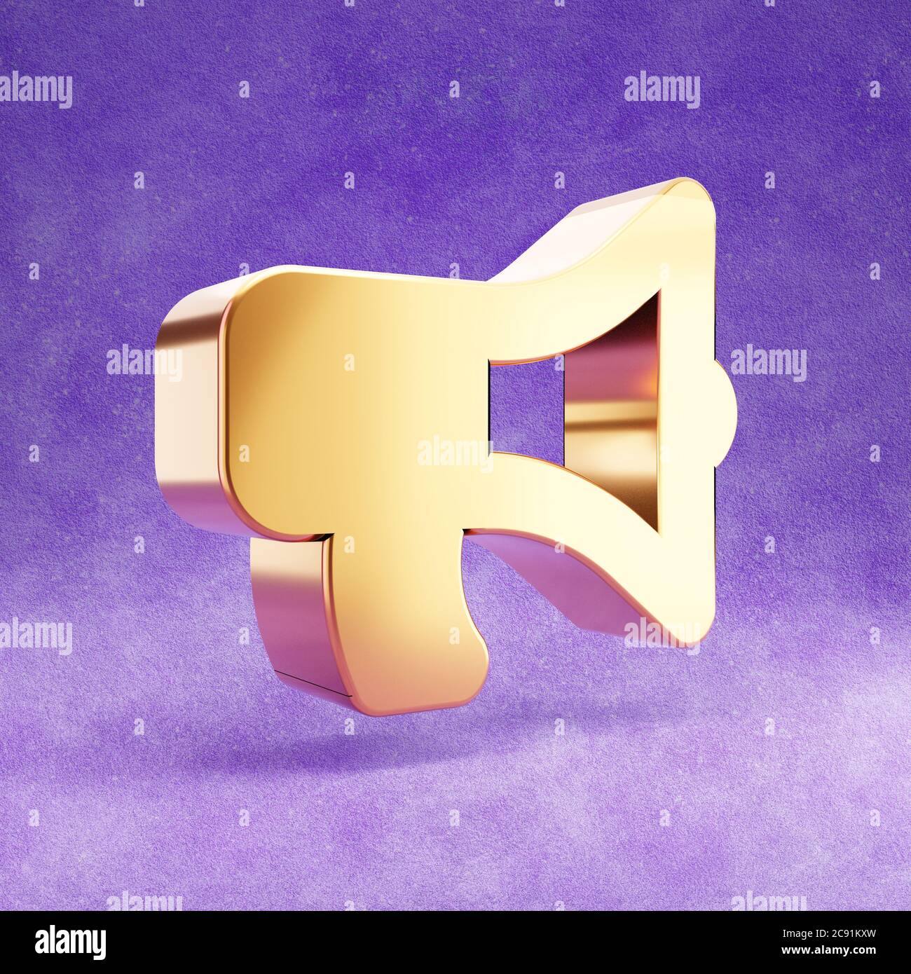 Bullhorn icon. Gold glossy Bullhorn symbol isolated on violet velvet ...