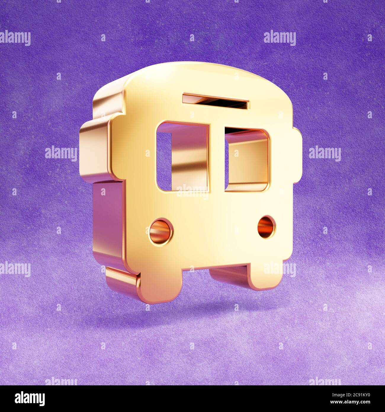 Bus icon. Gold glossy Bus symbol isolated on violet velvet background ...