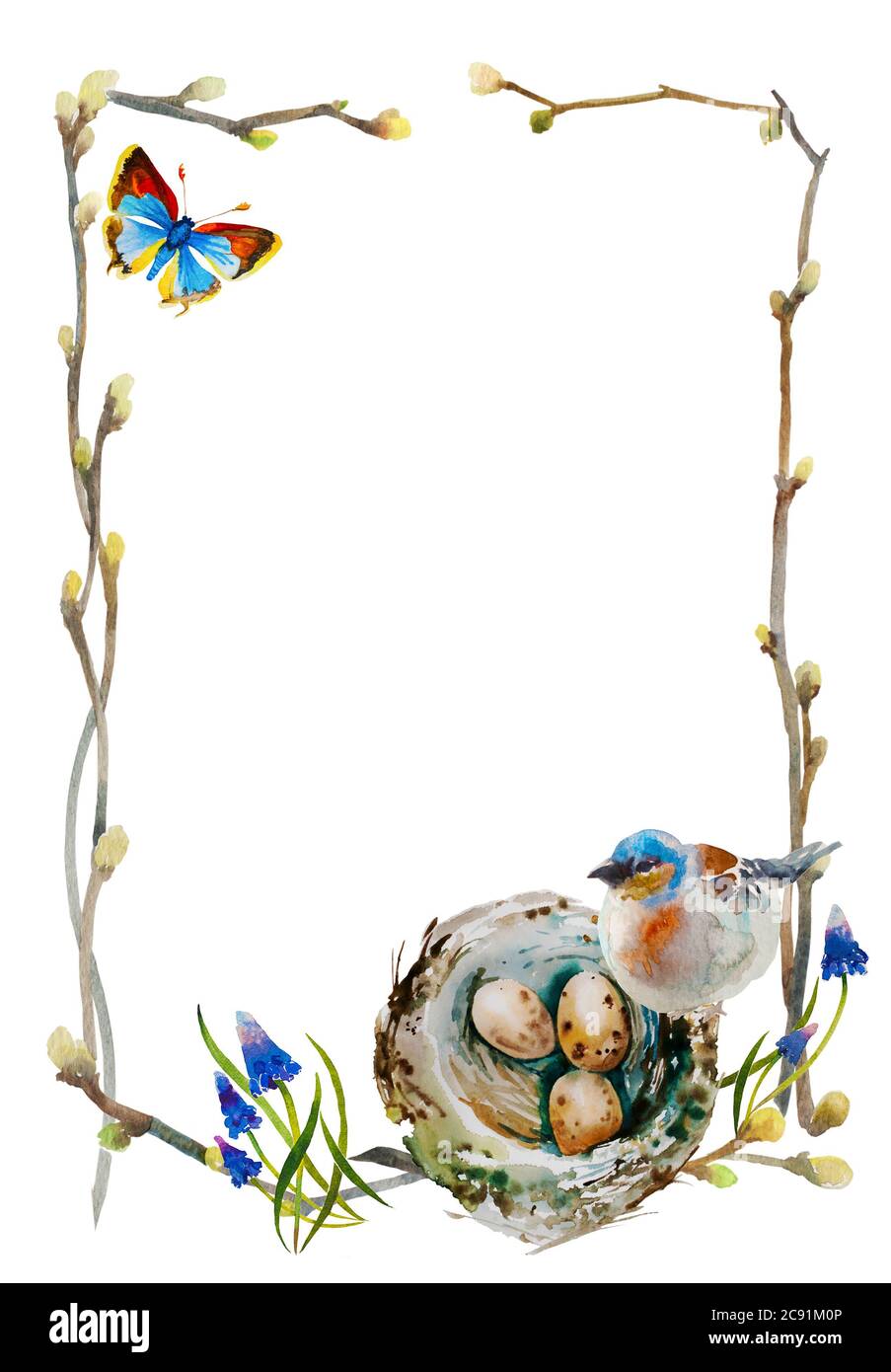 Watercolor spring frame from twigs and new buds with small chaffinch ...