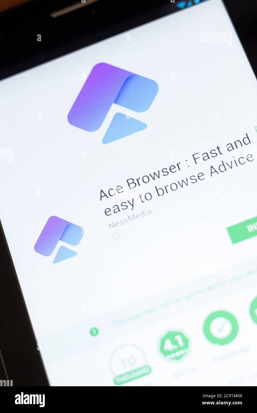Ryazan, Russia - June 24, 2018: Ace Browser mobile app on the display ...
