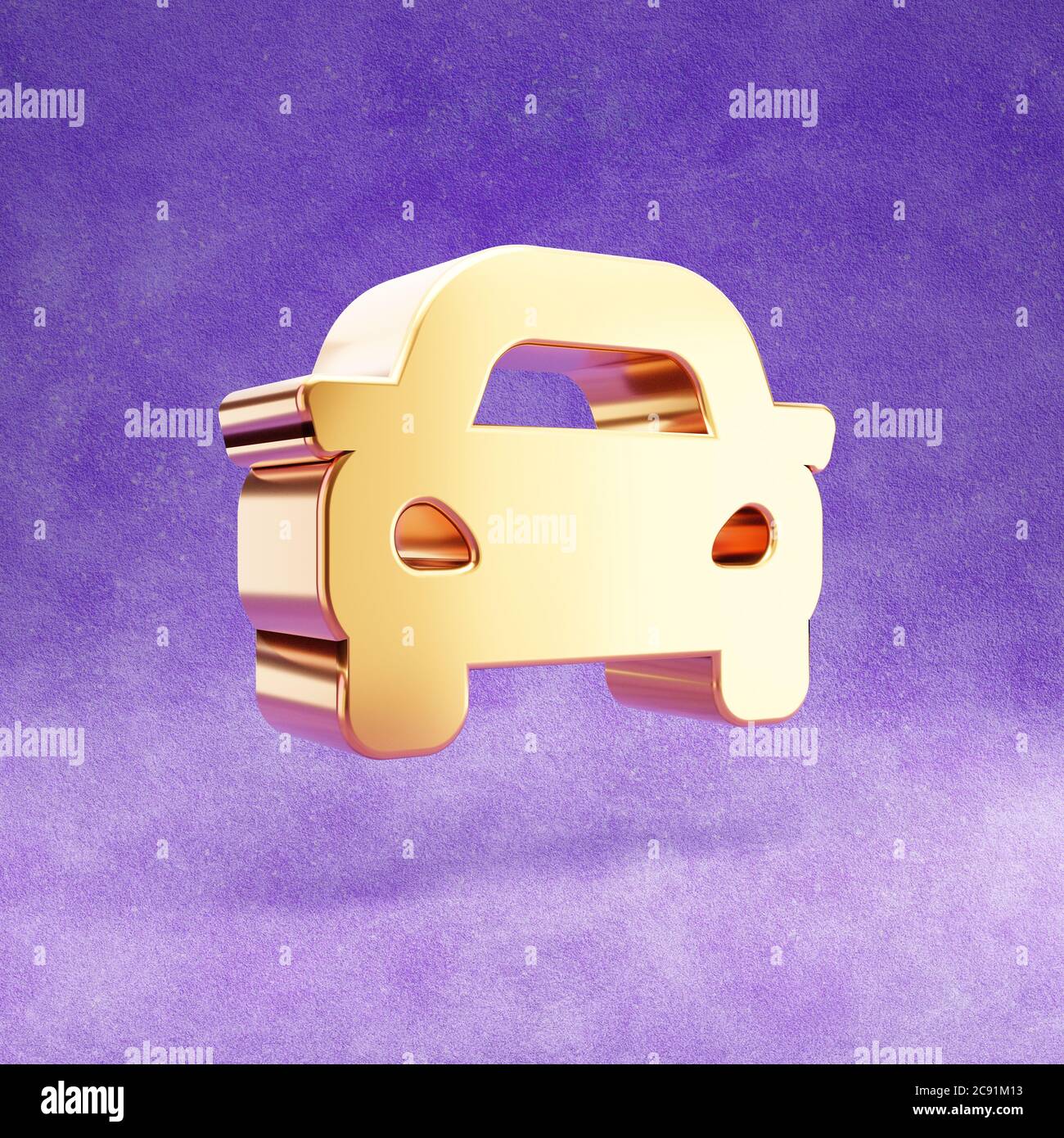 Car icon. Gold glossy Car symbol isolated on violet velvet background ...
